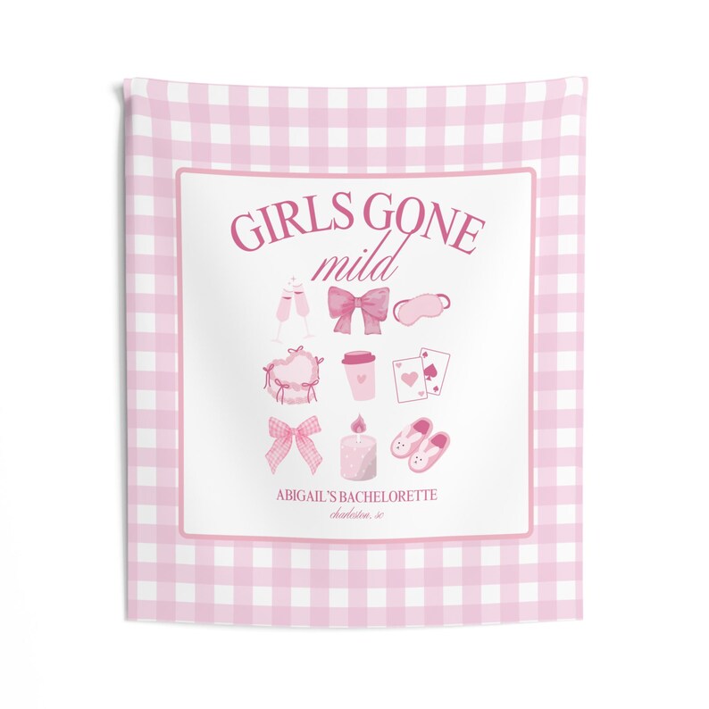 Girls Gone Mild Bachelorette Party Tapestry, Pink Gingham Bridal Shower ...