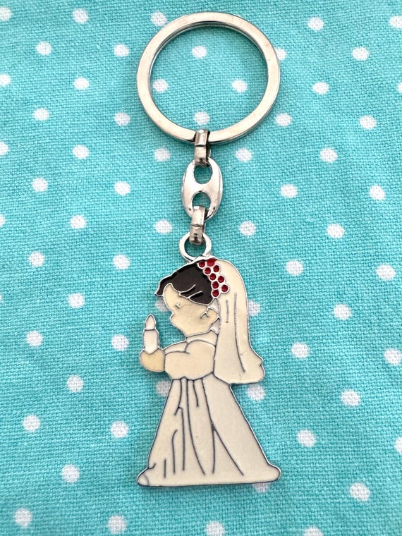 Enameled Girl Holy Communion Keychain - Gem