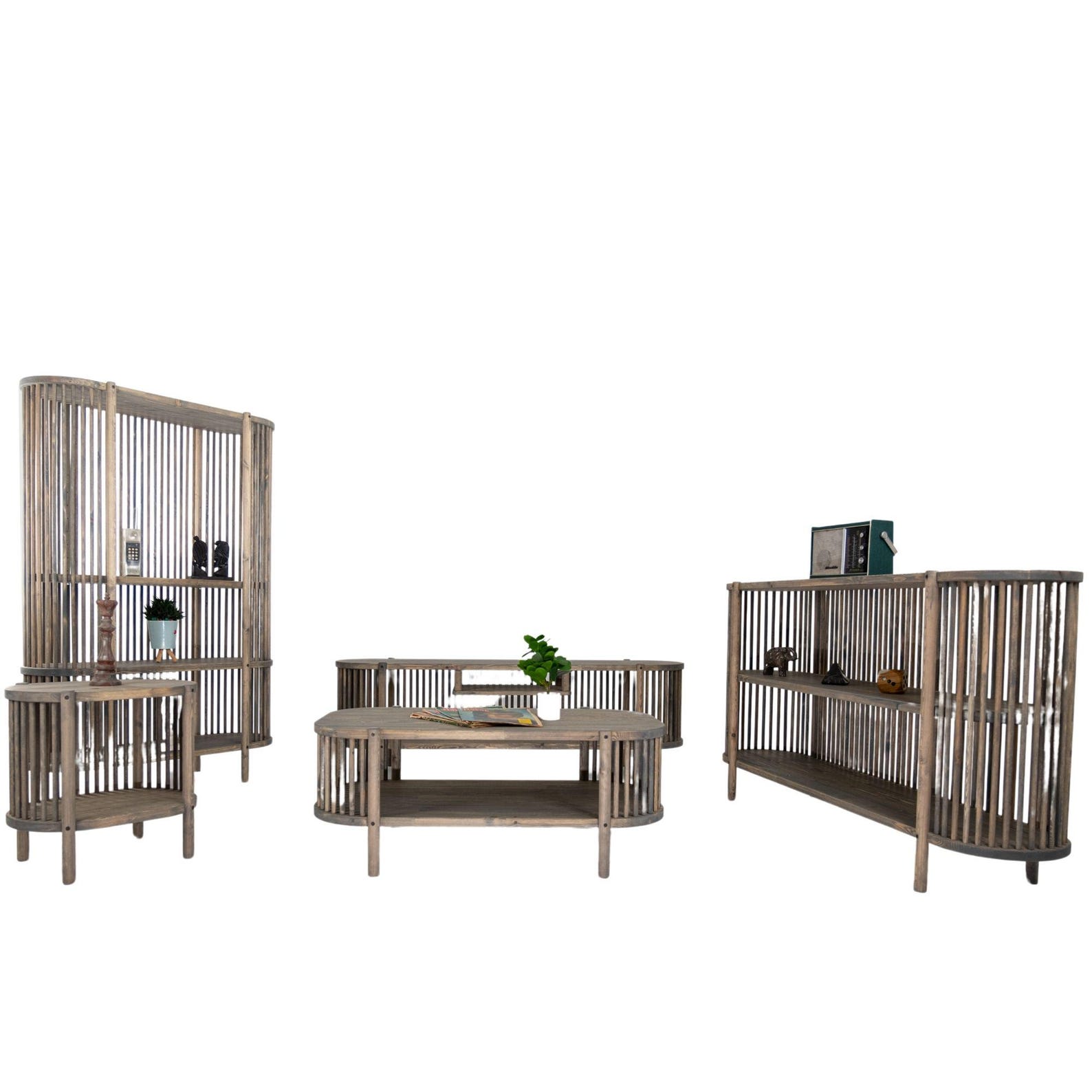 Slatted Solid Wood Display Cabinet – Japandi Bookshelf – Curved Open ...