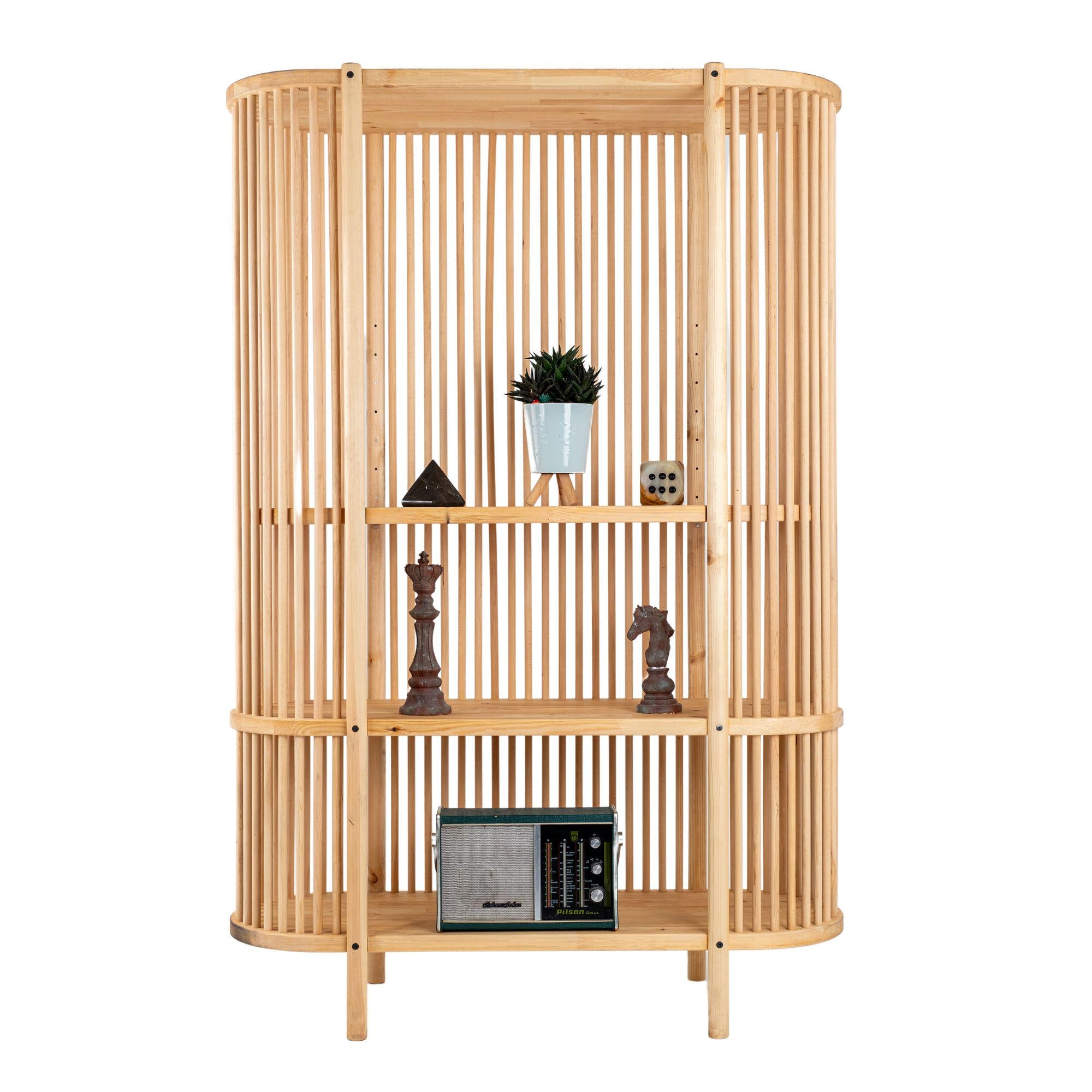 Slatted Solid Wood Display Cabinet – Japandi Bookshelf – Curved Open ...