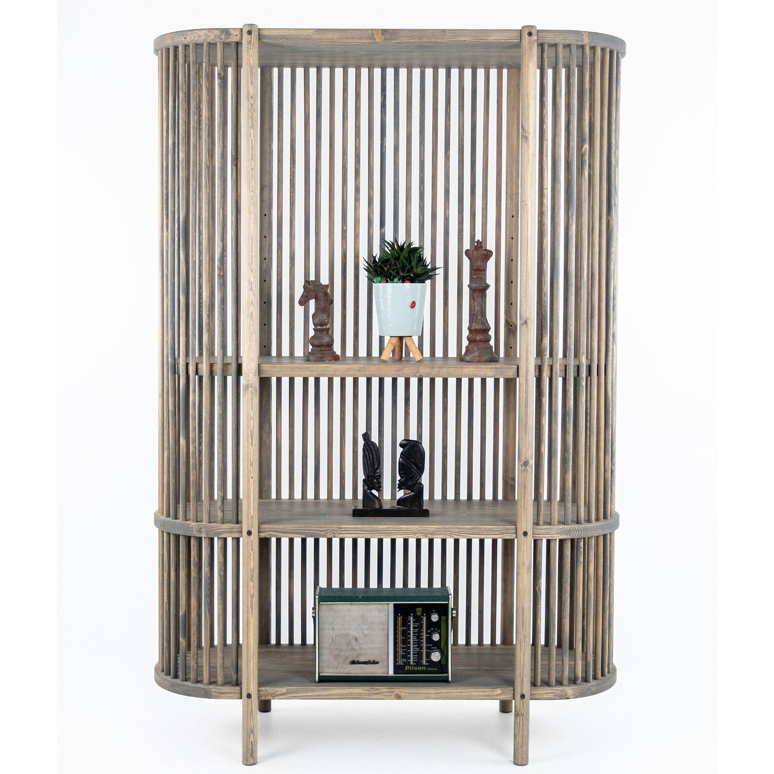 Slatted Solid Wood Display Cabinet – Japandi Bookshelf – Curved Open ...