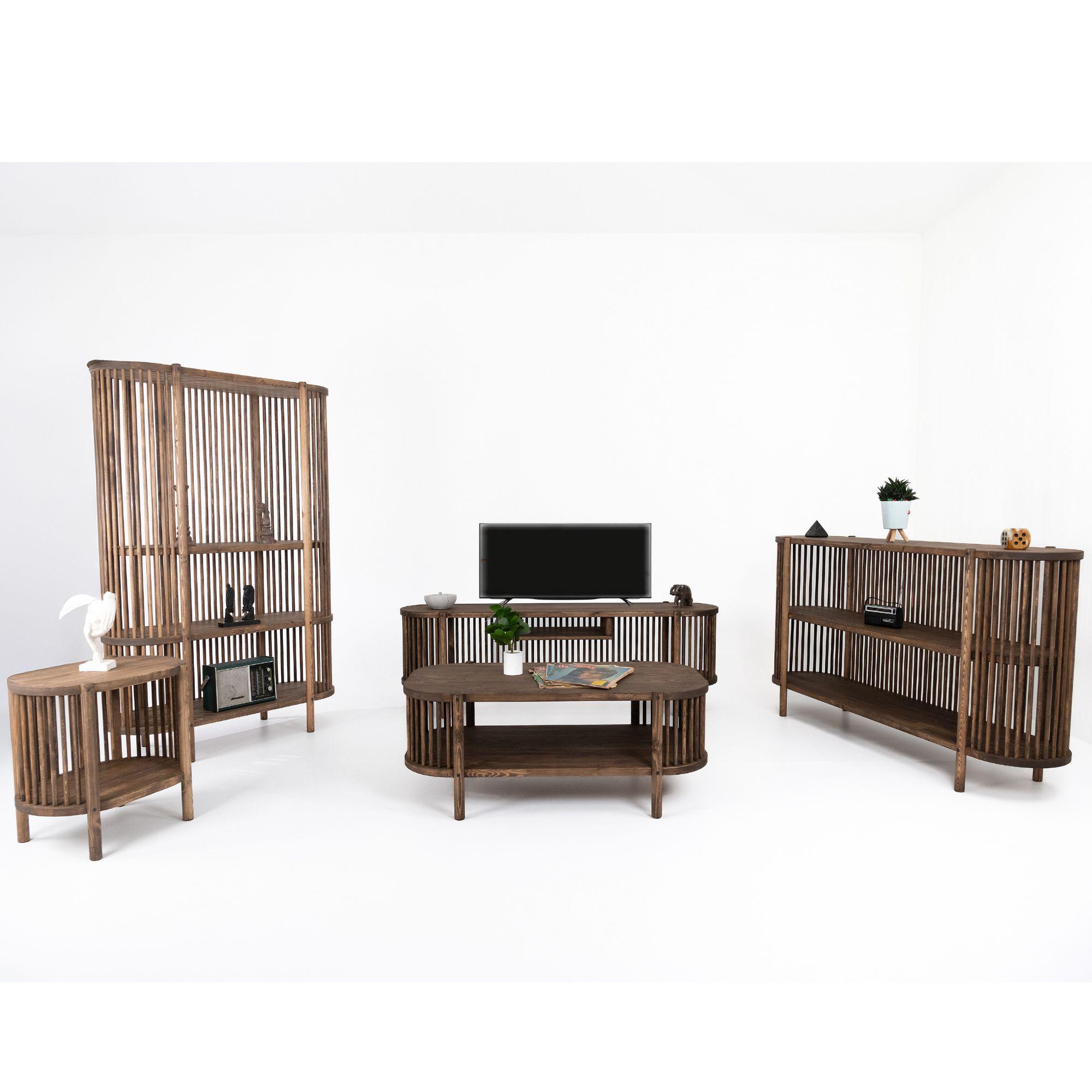 Slatted Solid Wood Display Cabinet – Japandi Bookshelf – Curved Open ...