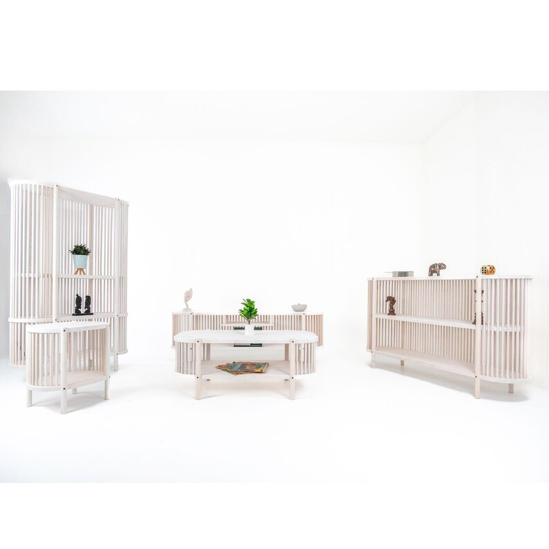 Slatted Solid Wood Display Cabinet – Japandi Bookshelf – Curved Open ...