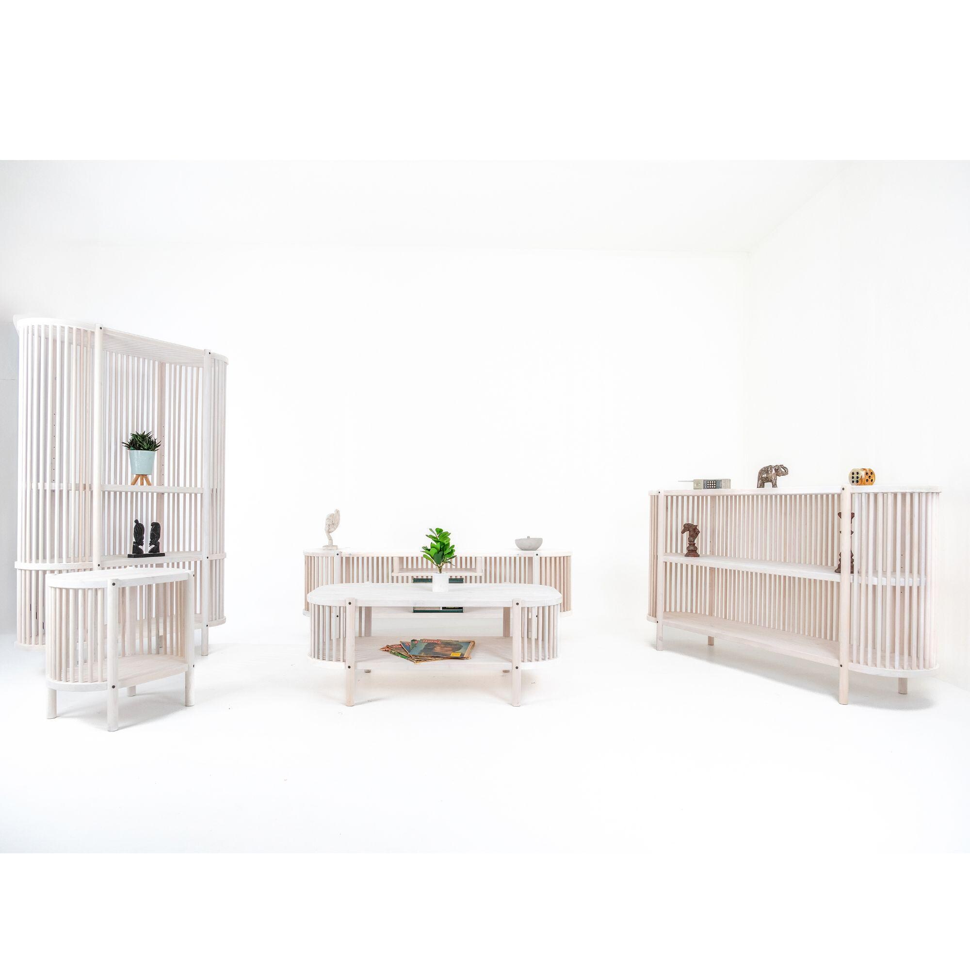 Slatted Solid Wood Display Cabinet – Japandi Bookshelf – Curved Open ...