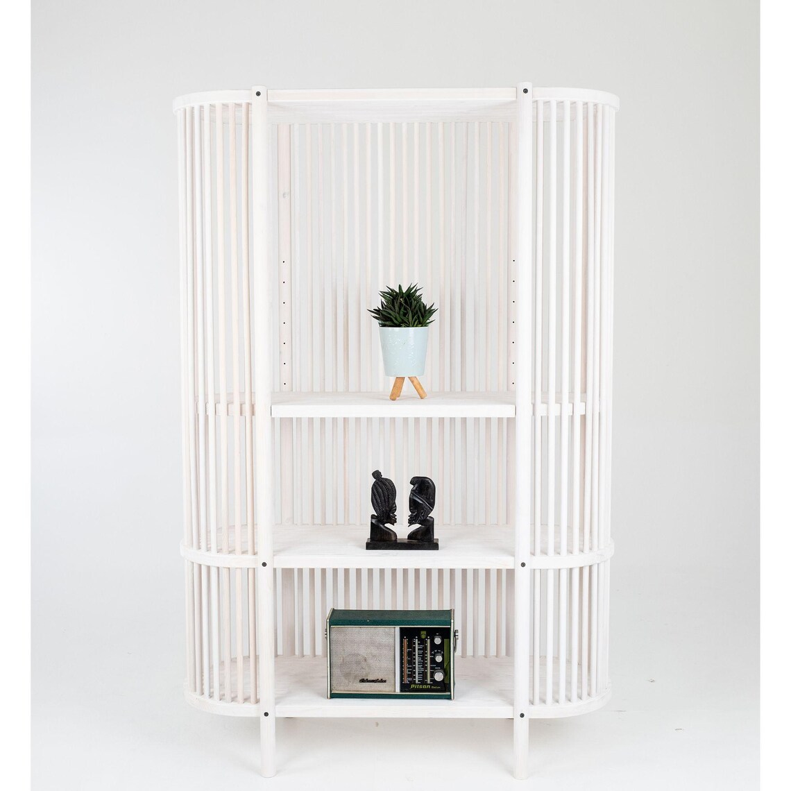 Slatted Solid Wood Display Cabinet – Japandi Bookshelf – Curved Open ...