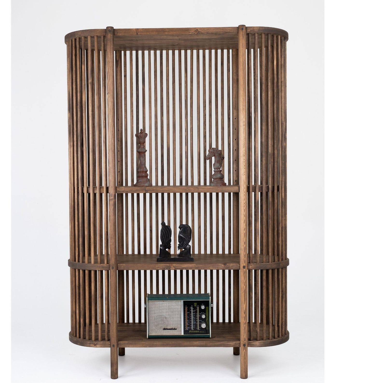 Slatted Solid Wood Display Cabinet – Japandi Bookshelf – Curved Open ...