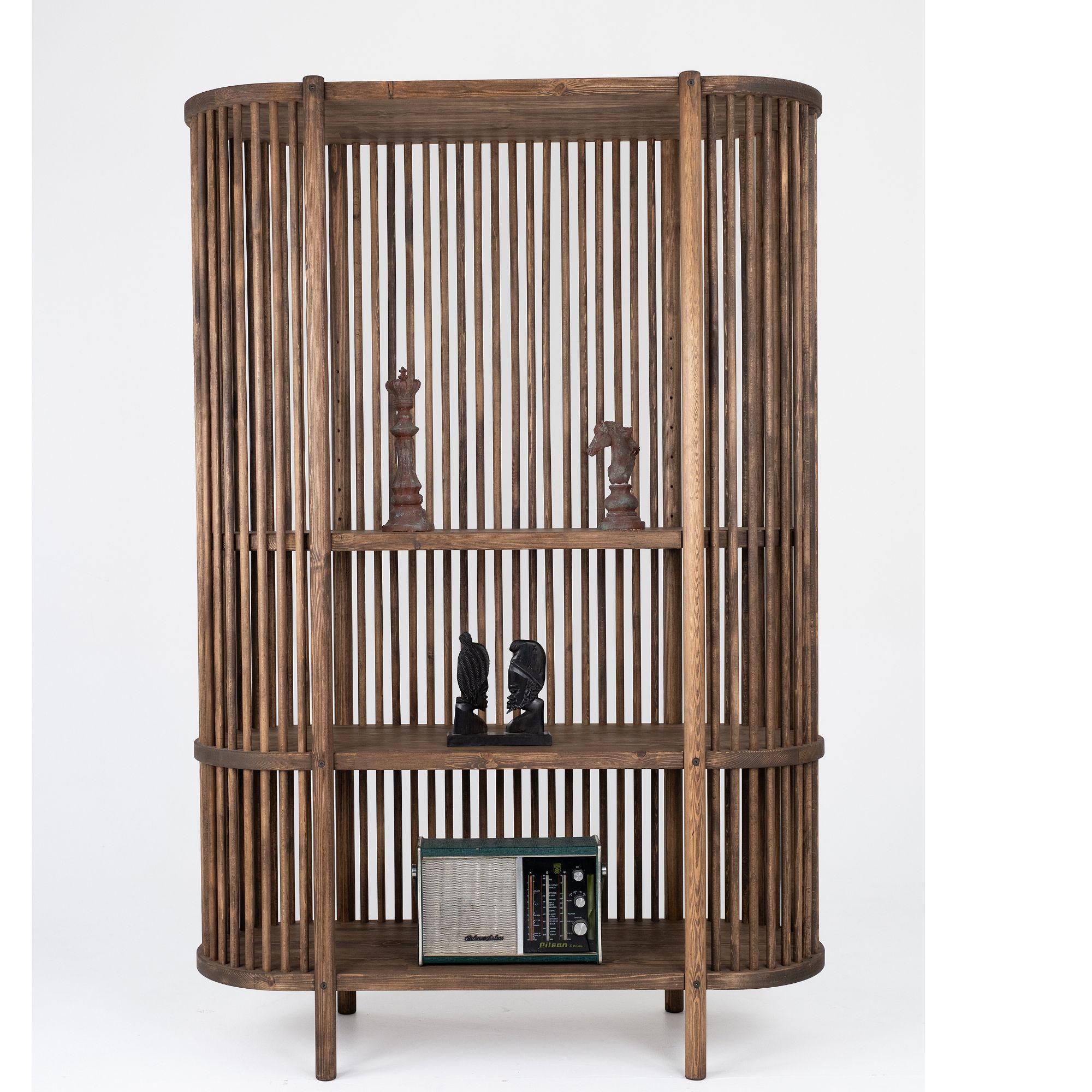 Slatted Solid Wood Display Cabinet – Japandi Bookshelf – Curved Open ...