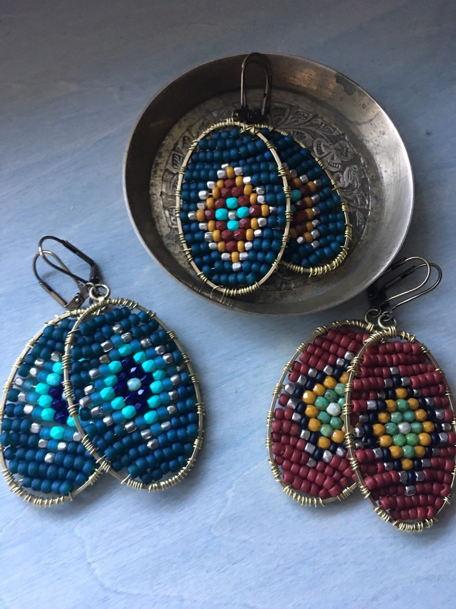 Woven Diamond Earrings / Blue - Etsy