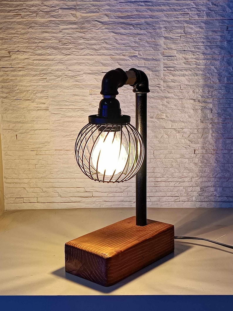 Industrial Pipe Table Lamp With Wooden Base - Etsy