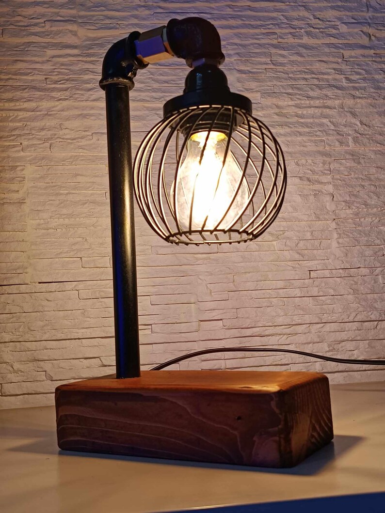 Industrial Pipe Table Lamp With Wooden Base - Etsy
