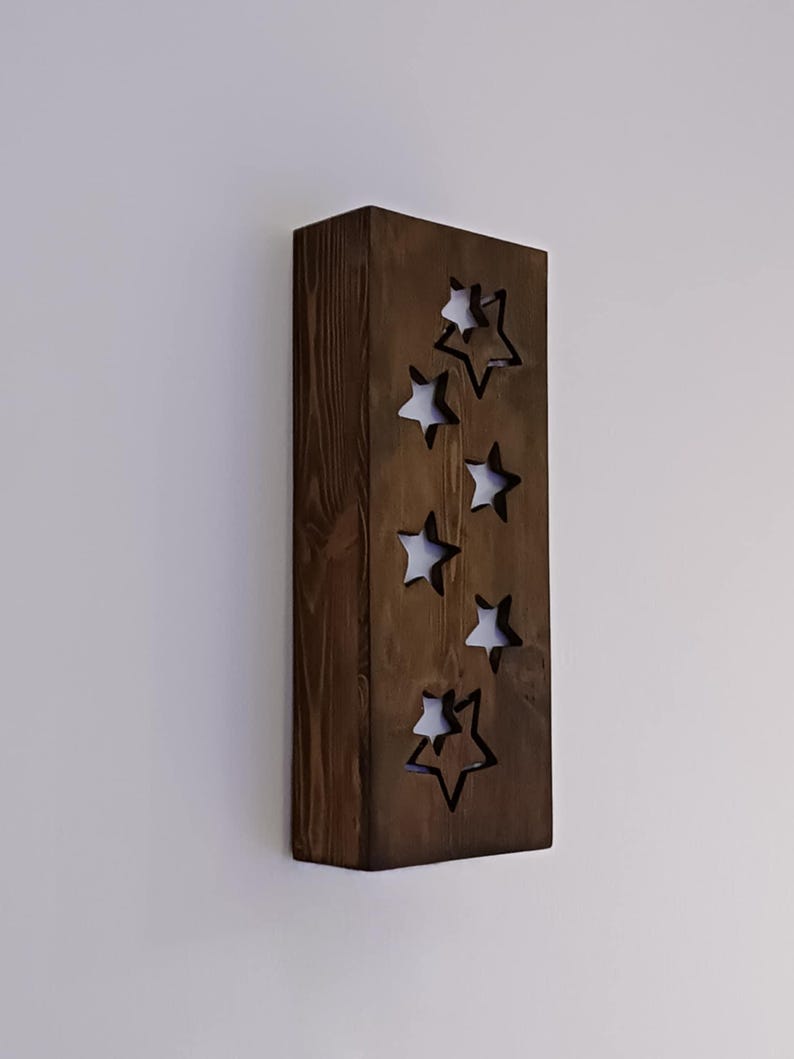 Rustic Wood Wall Lamp Featuring Glowing Star Cutouts, Cozy Lighting for ...