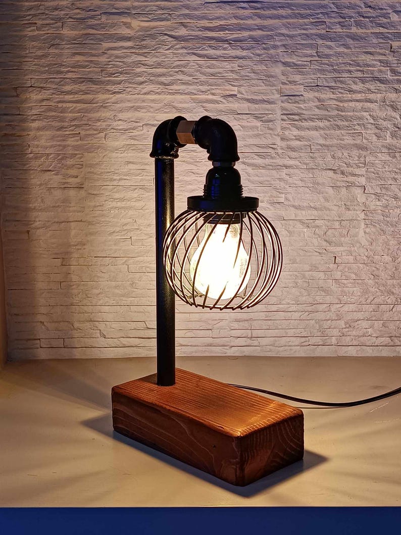 Industrial Pipe Table Lamp With Wooden Base - Etsy