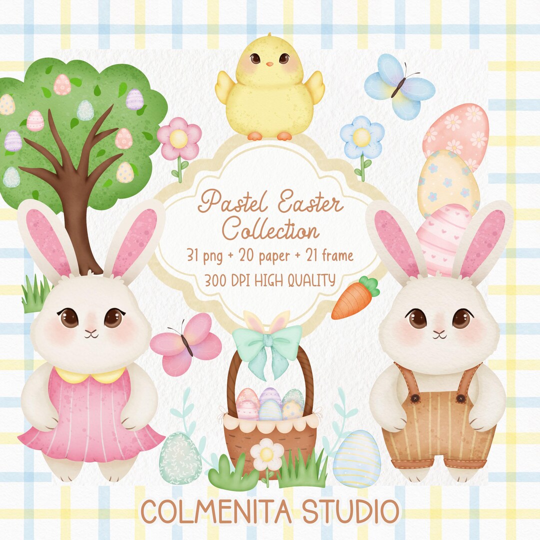 Easter Clipart Bundle Pastel Colors – Bunny, Chick, Easter Eggs, Basket ...
