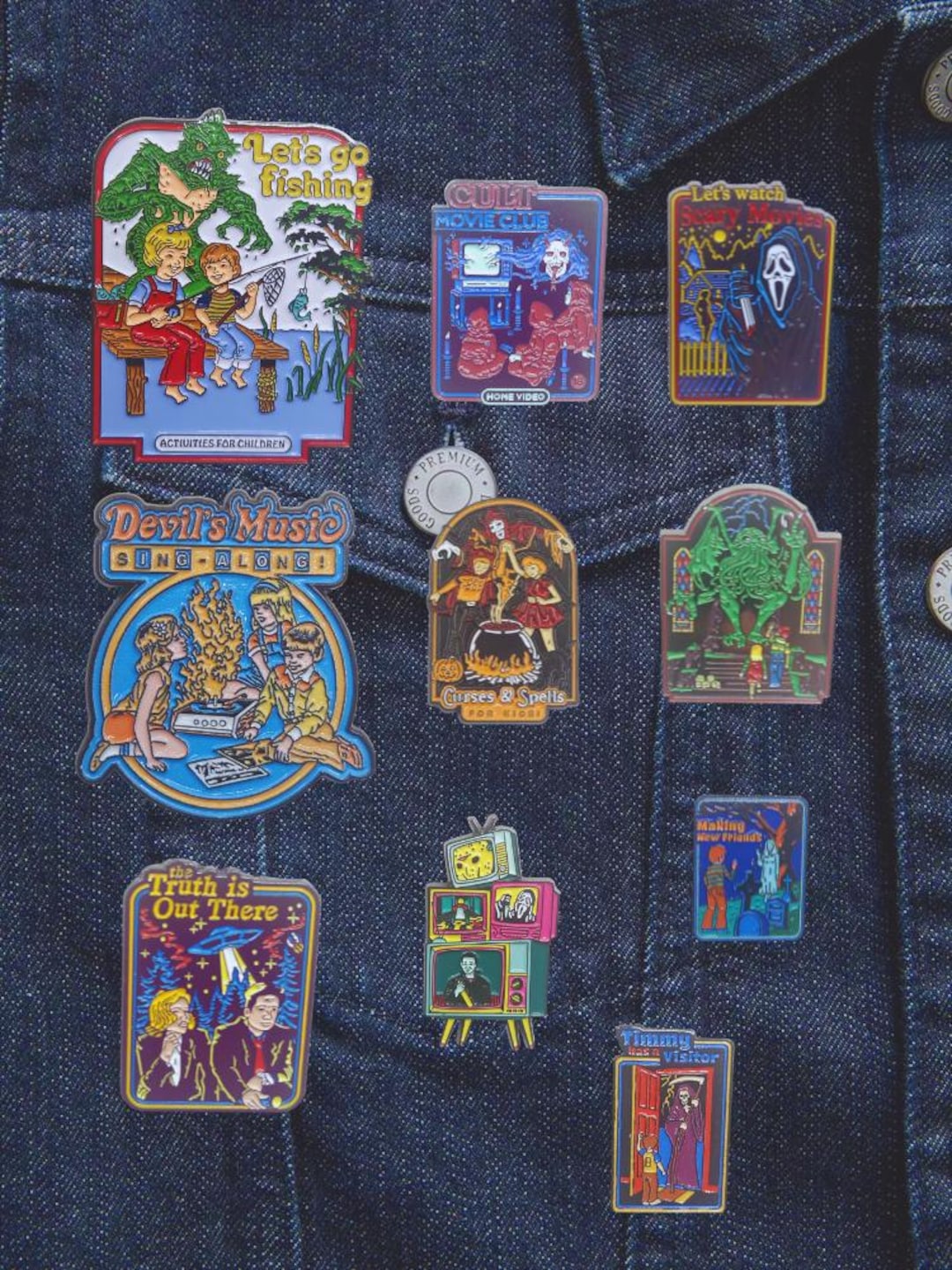 Retro Horror Enamel Pins — Spooky Aesthetic Badge Set, Creepy Icons ...