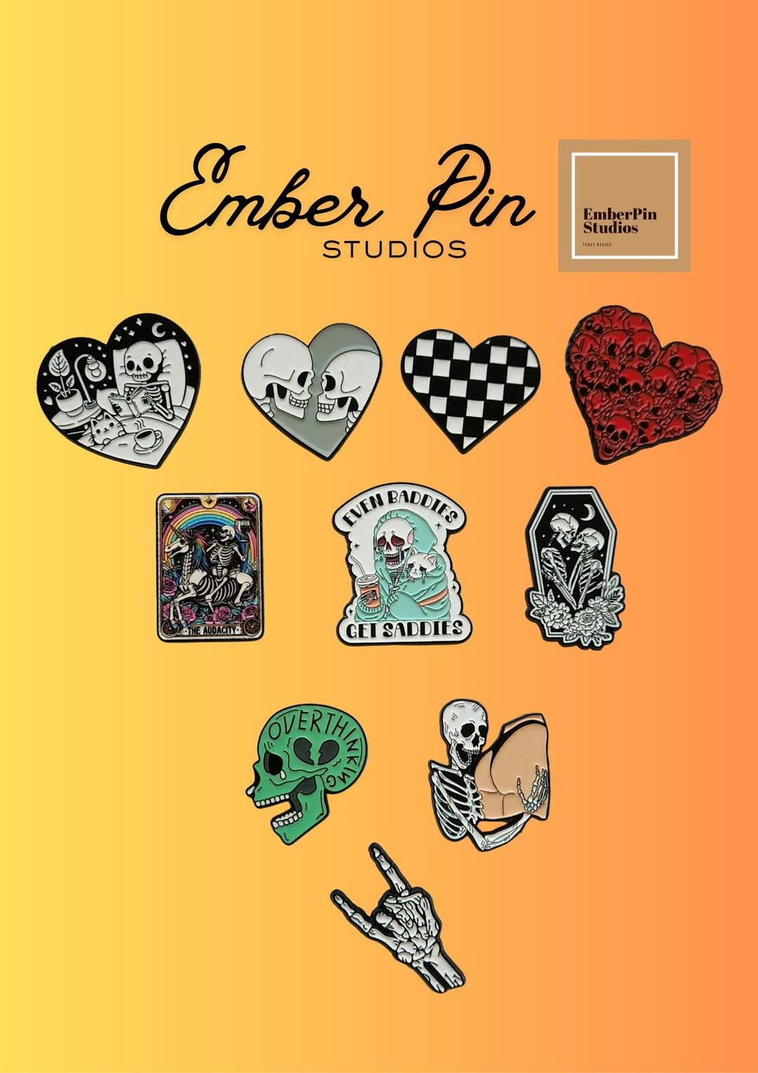 Skeleton Enamel Pin Set – Gothic Heart Pins, Spooky Cute Aesthetic ...