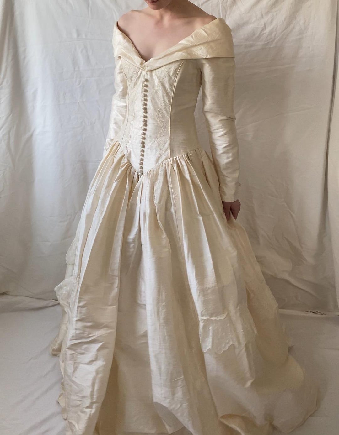 US Tariffs Included - 90s Vintage Raw Silk Wedding Dress: Basque Waist ...