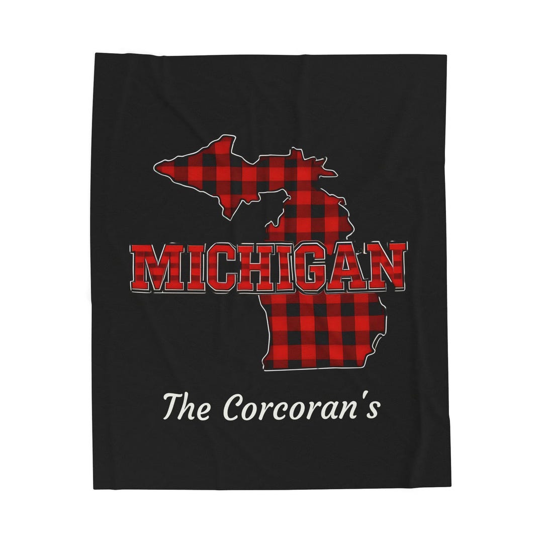 Michigan Buffalo Plaid State Map Velveteen Plush Blanket | Custom Name ...