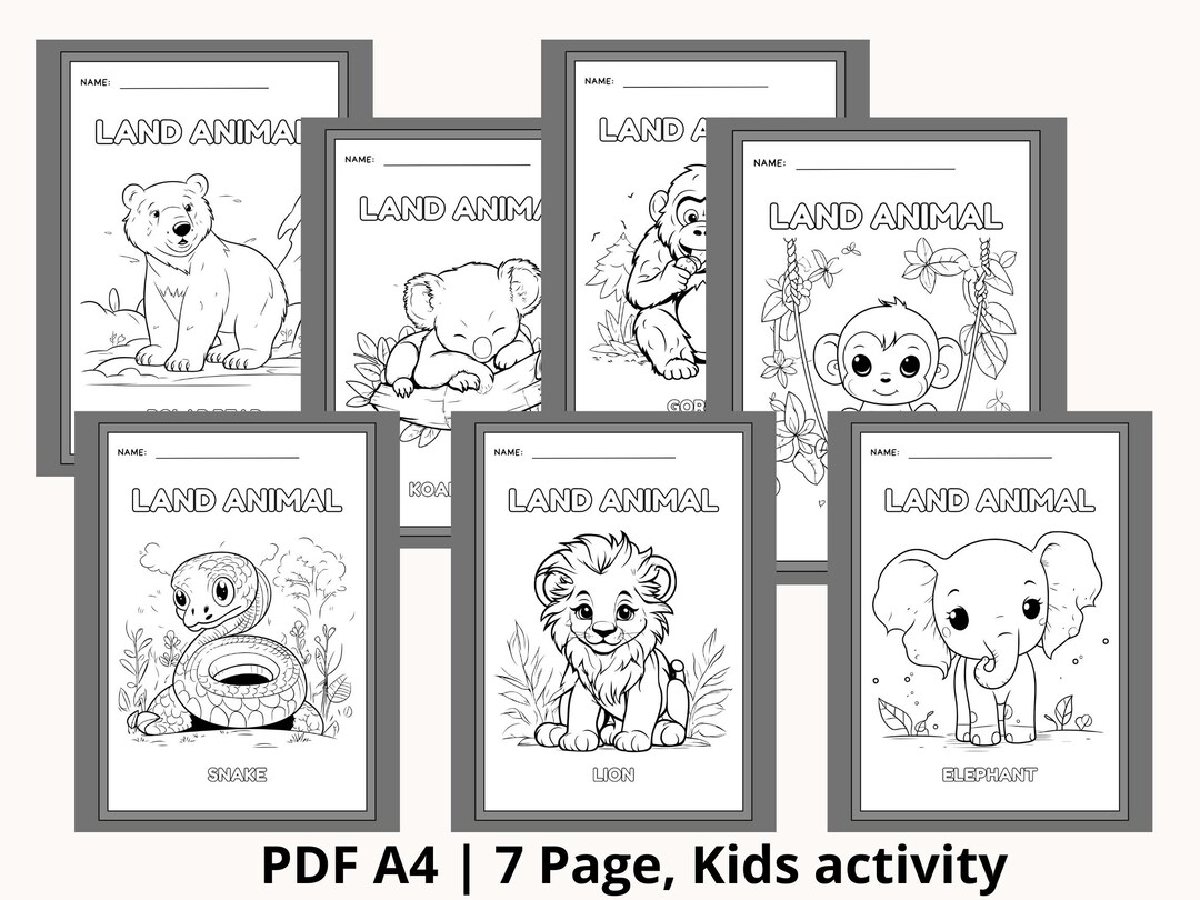 Land Animal Coloring Pages for Kids 7-page A4 PDF Activity Set With ...