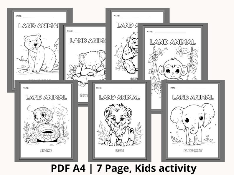 Land Animal Coloring Pages for Kids 7-page A4 PDF Activity Set With ...