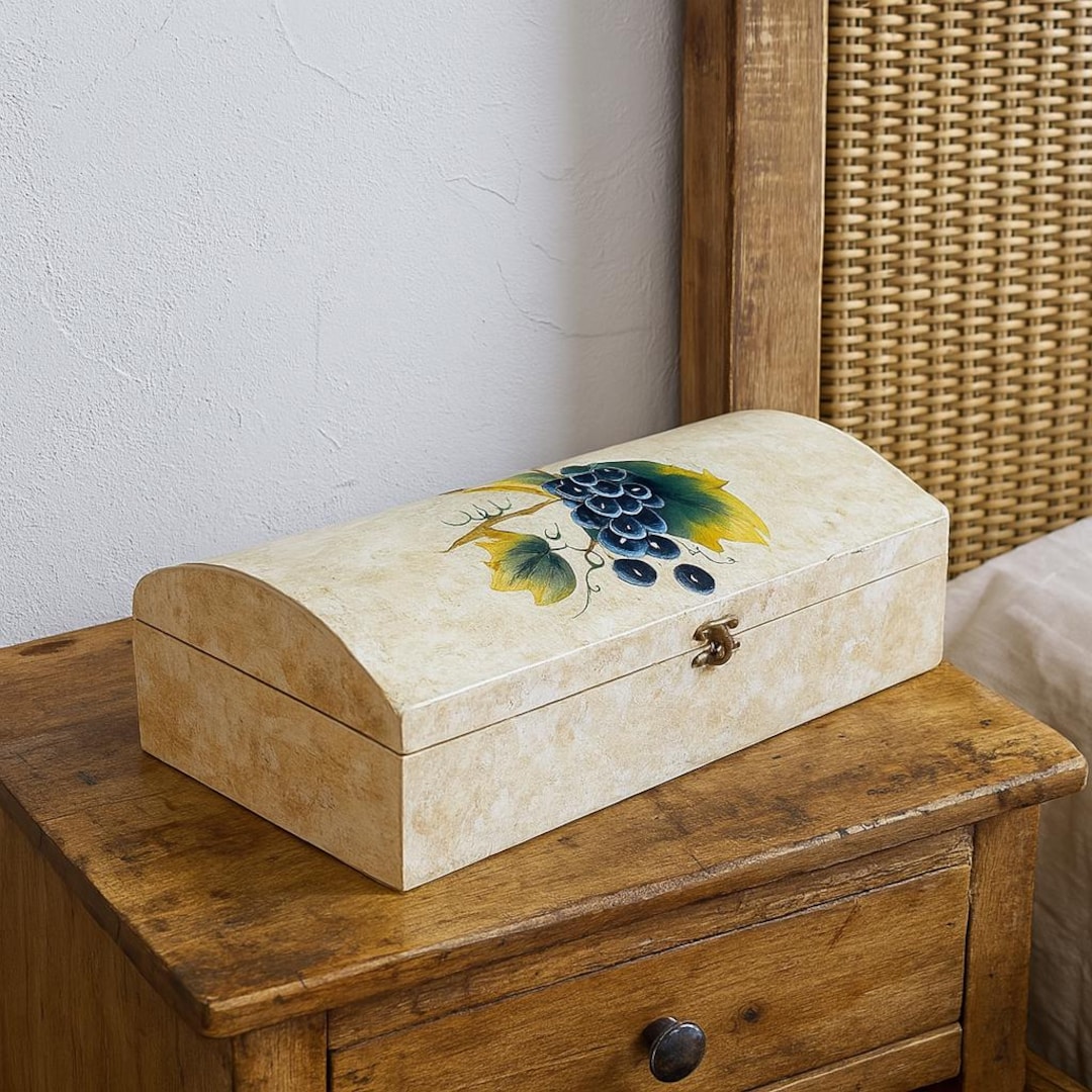 Vintage Greek Wooden Chest, Hand Painted Grape Design, Handmade Trinket ...