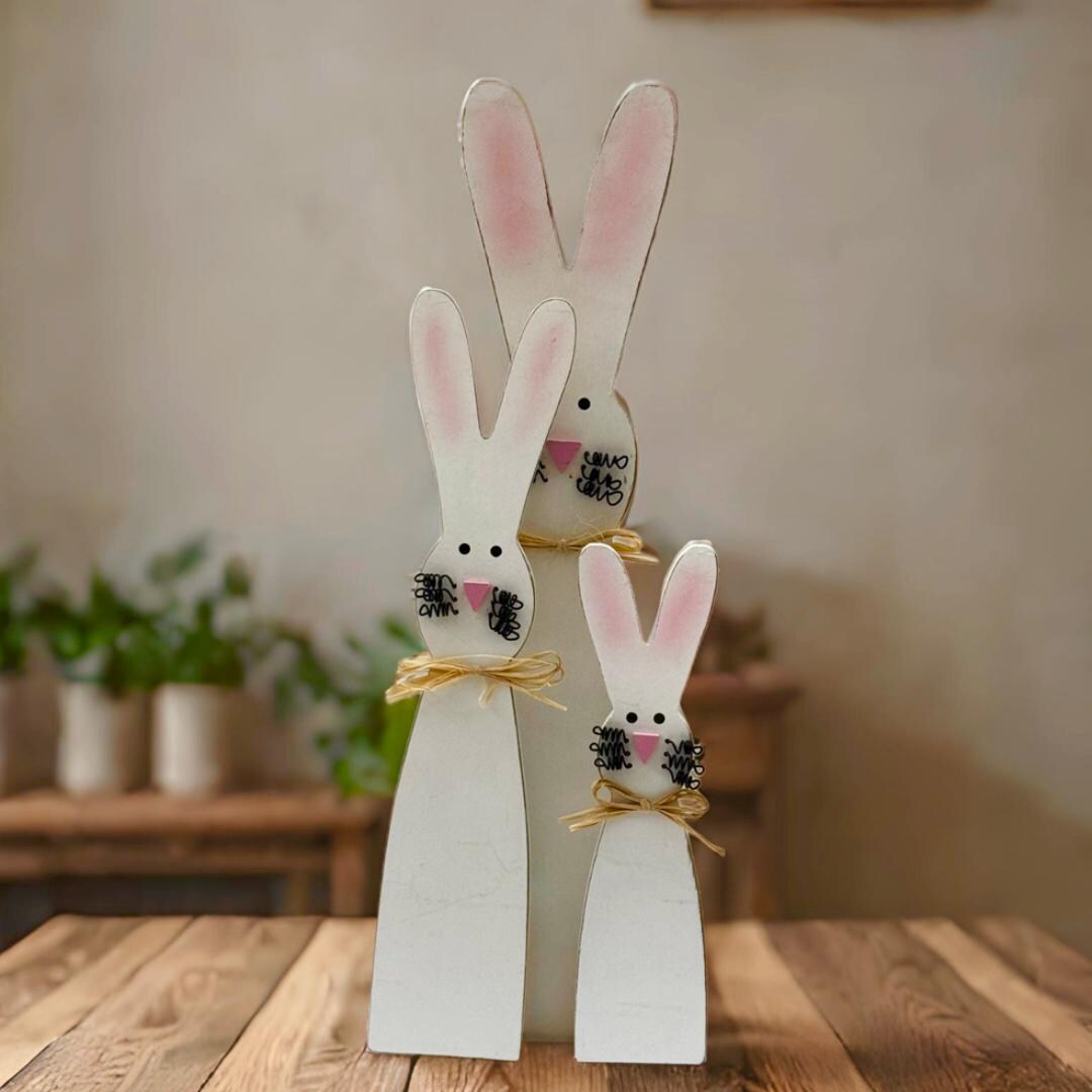 Set of 3 White Wooden Rabbit Bunny Figurines With Pink Ears and Bows ...