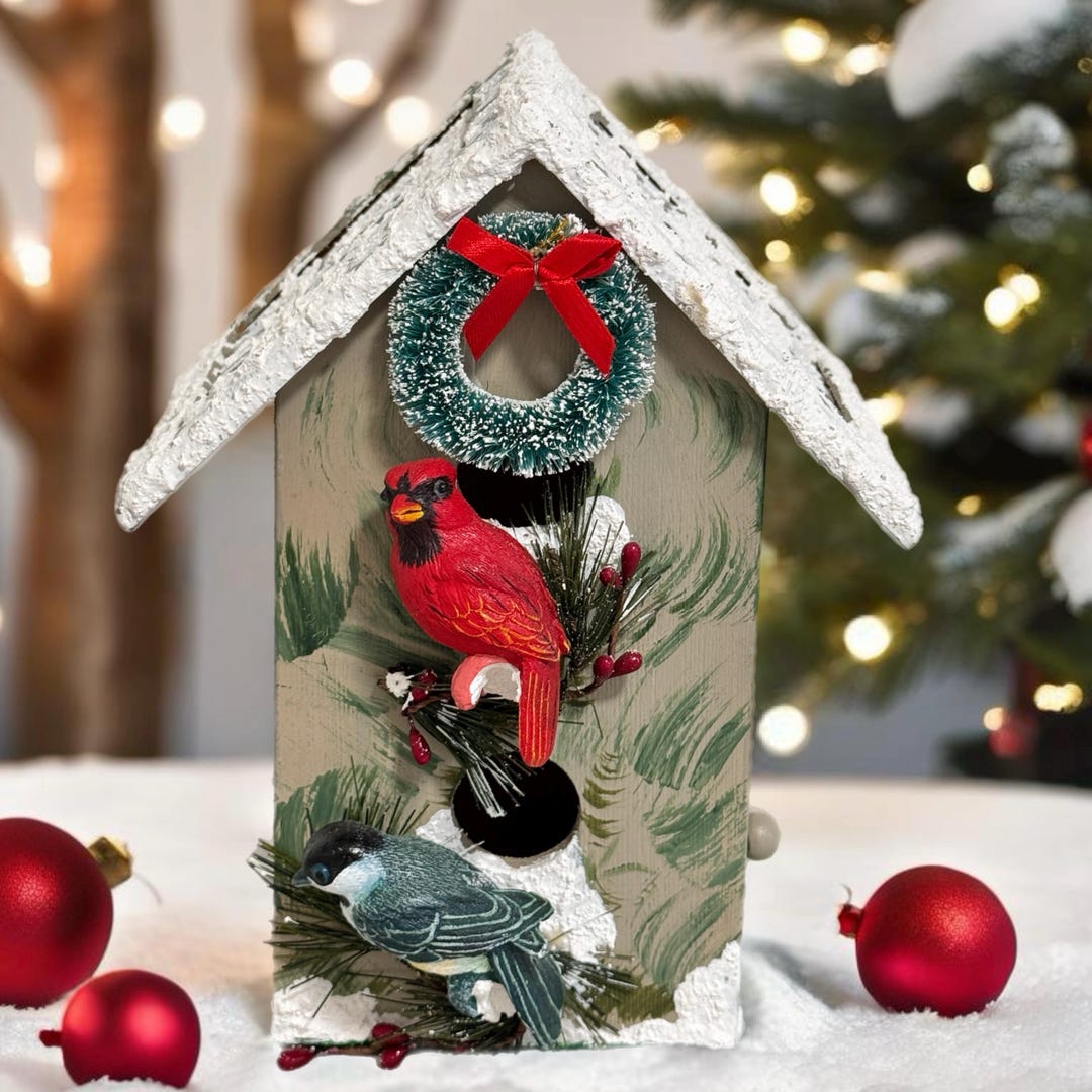 1990s Wooden Christmas Birdhouse With Cardinals 8.7" Snowy Holiday ...