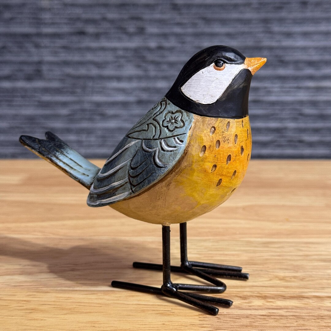 Hand Carved Bird Wood Look, Floral Painted Figurine, Spain Orange Black ...