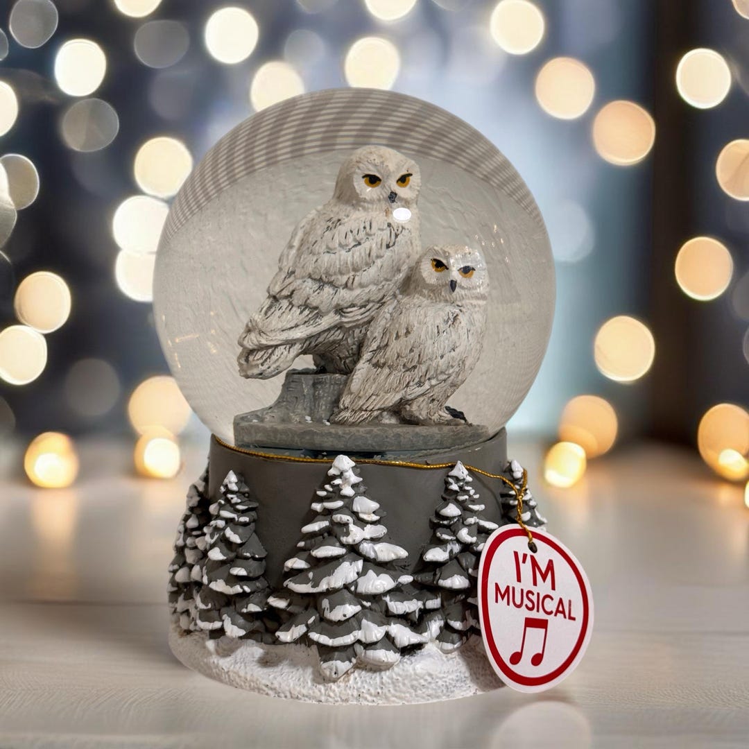 Vintage Musical Snow Globe With Two Snowy Owls and Forest Scene ...