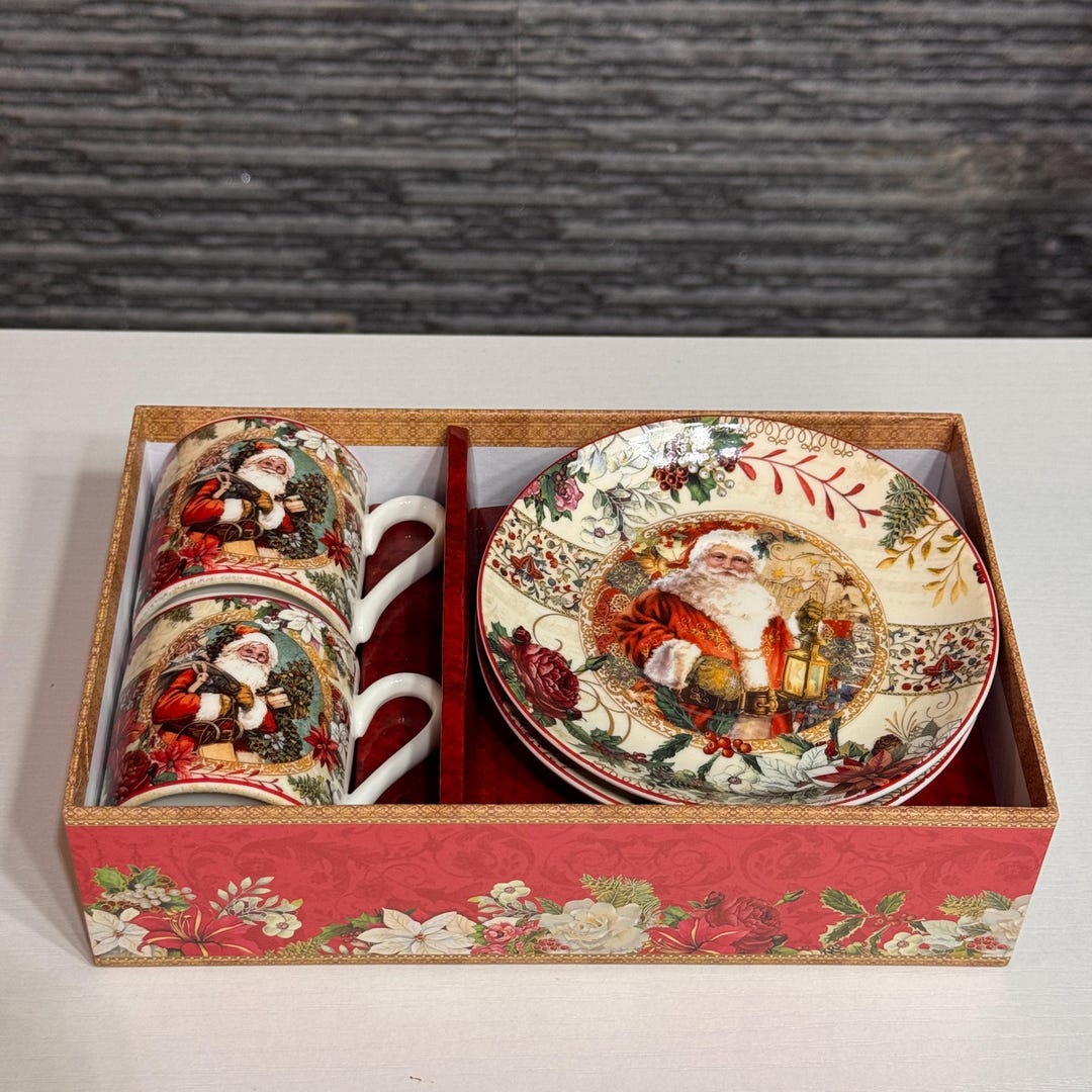 Vintage Porcelain Tea Set With Santa Claus Design 2 Cups & 2 Saucers ...