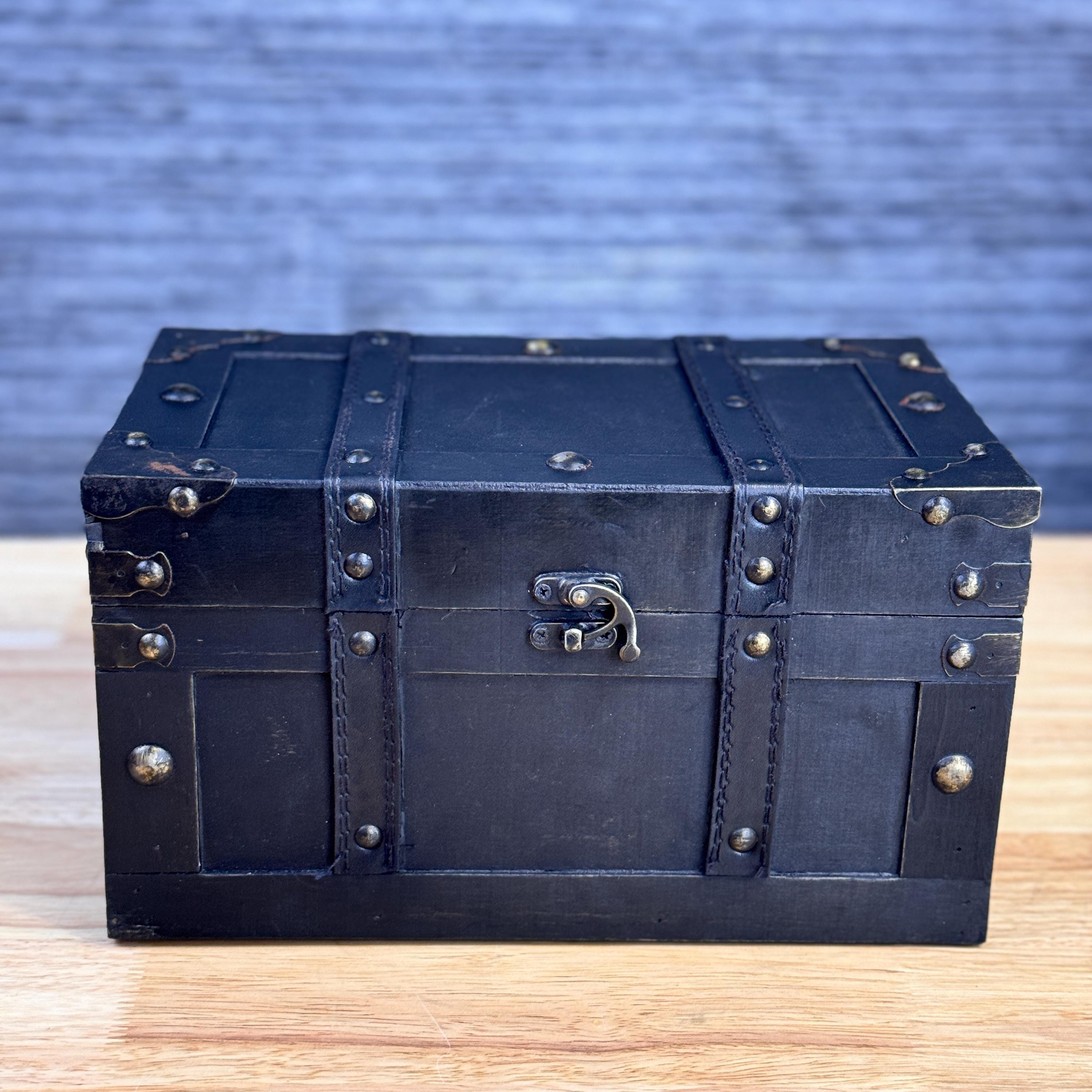 13" Vintage Wooden Leather Black Chest Bronze Details, Antique-style ...