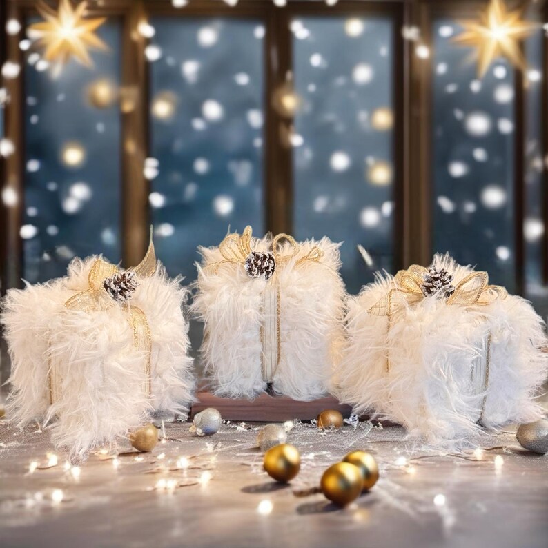 Handmade Fluffy White Christmas Tree Ornaments, 4'' Gift Box Shape ...