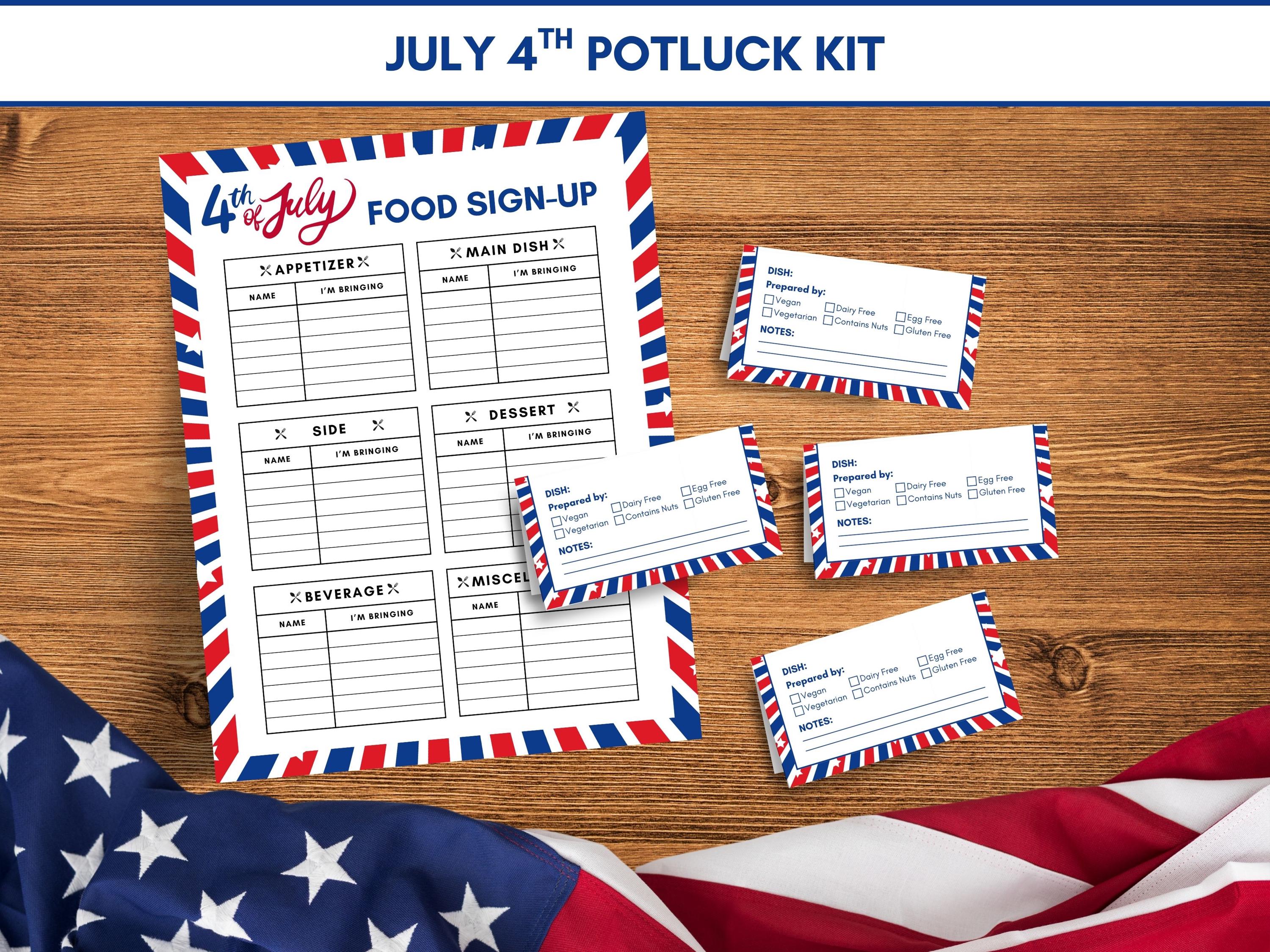 July 4th Potluck Kit, Fourth of July Food Sign up and Table Tents - Etsy
