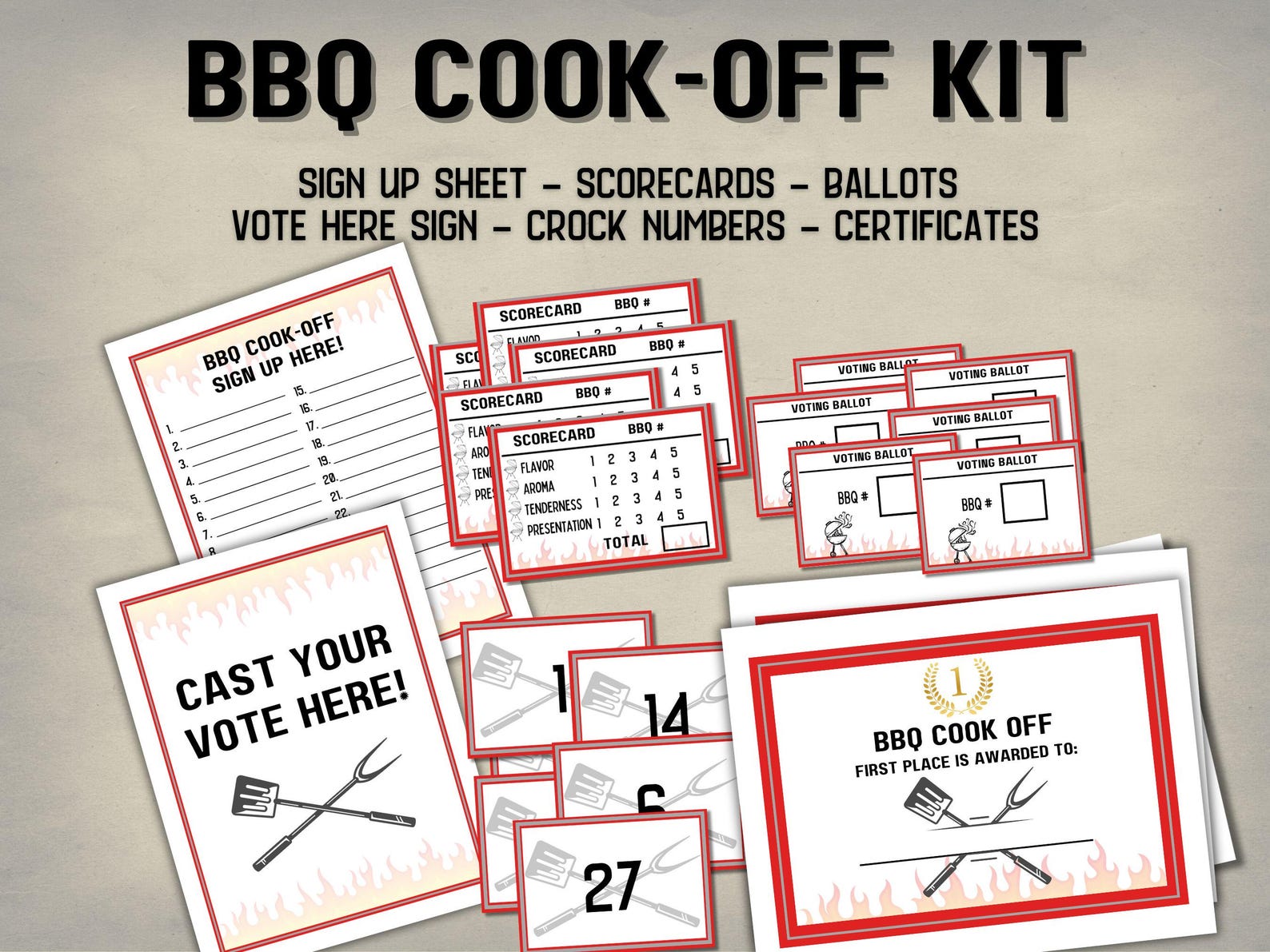 BBQ Cook off Ballots, BBQ Voting Cards, Barbeque Score Cards, BBQ Cook ...