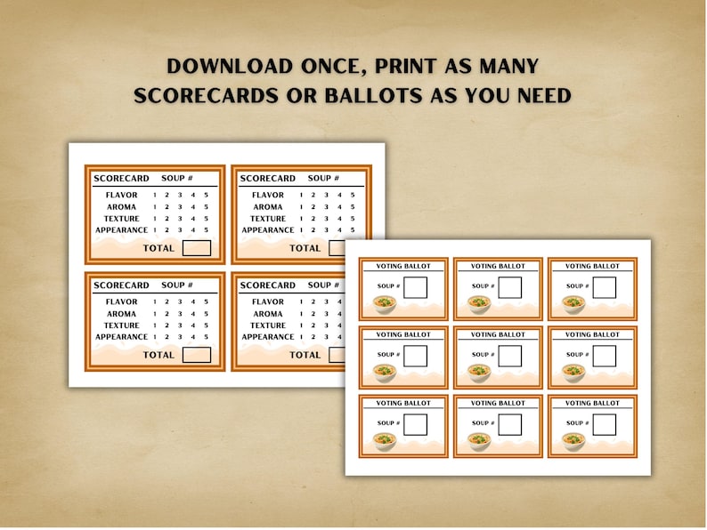 Soup Cook off Ballots, Souper Bowl Voting Cards, Soup Score Cards, Soup ...