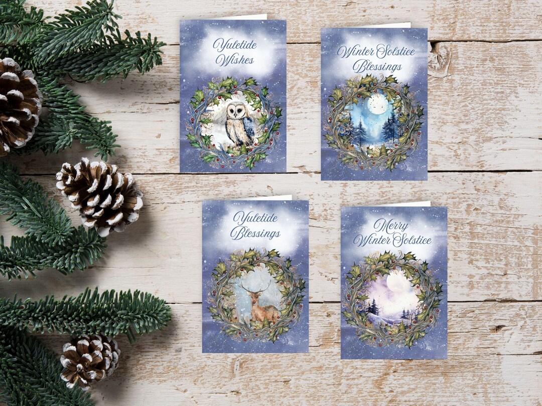 Yule Cards Winter Solstice Cards Bundle, Printable Winter Holiday Cards ...