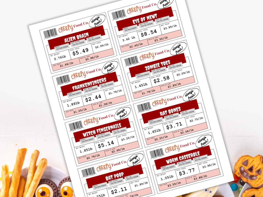 Halloween Party Food Tags, Supermarket Fake Food Labels, Haunted House ...