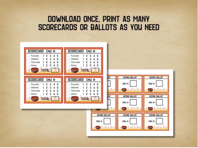 Chili Cook off Ballots, Chili Voting Cards, Chili Score Cards, Chili ...