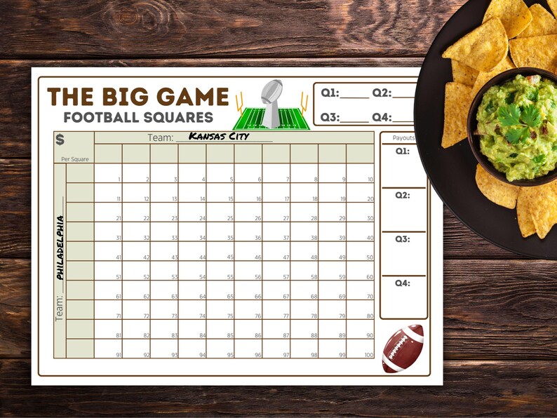 Super Big Game Football Squares, Football Pool for Championship Game - Etsy