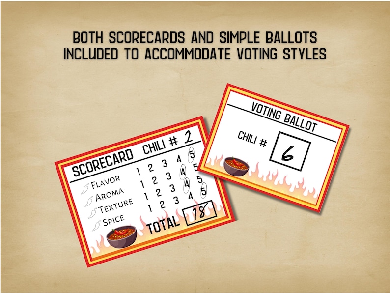 Chili Cook off Ballots, Chili Voting Cards, Chili Score Cards, Chili ...