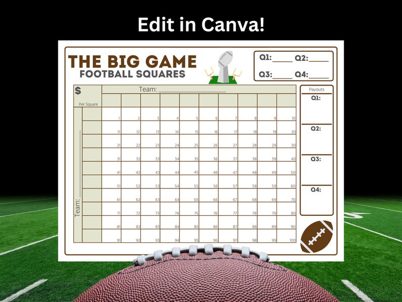 Editable Super Big Game Football Squares Template, Football Pool for ...