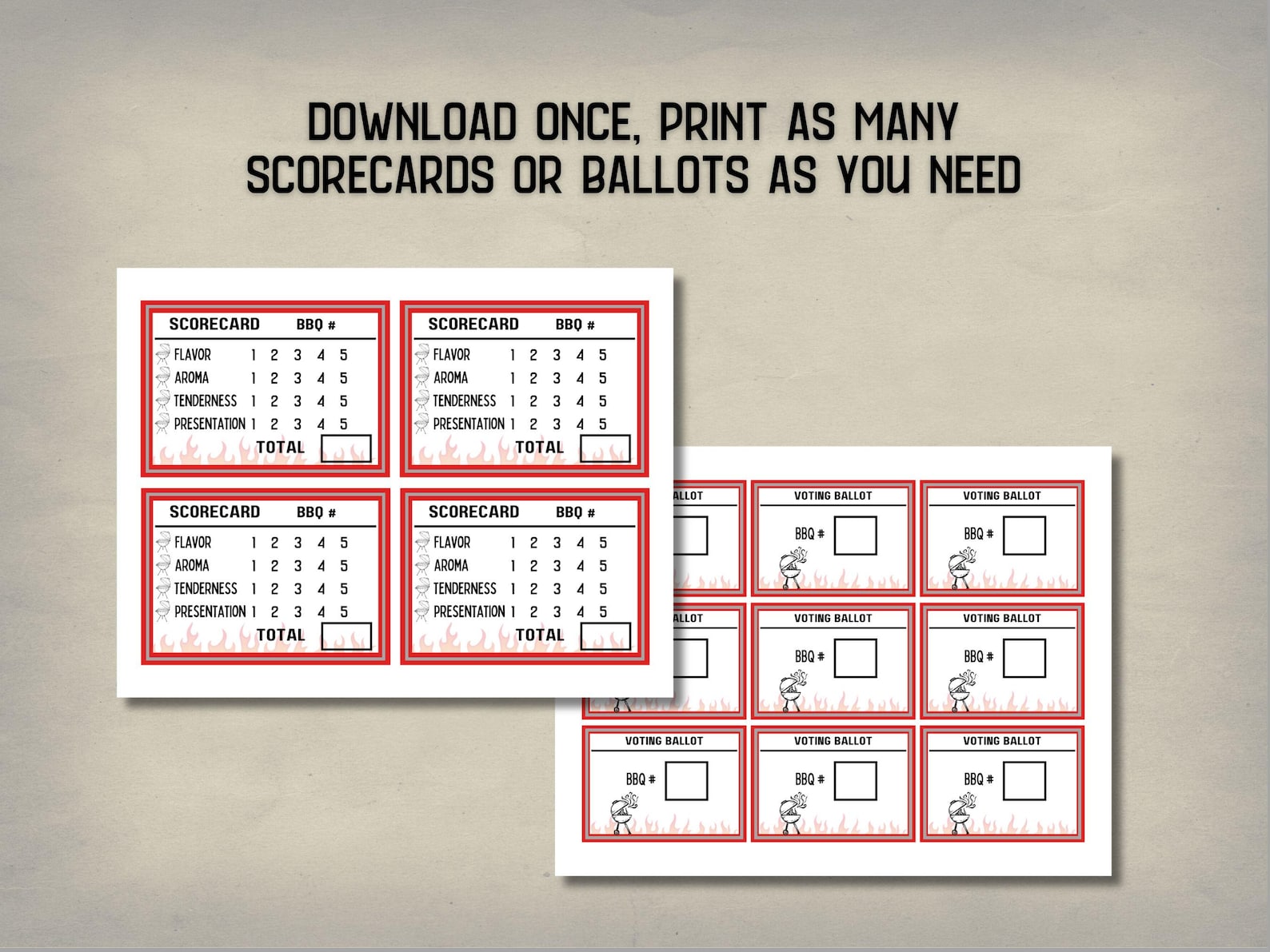 BBQ Cook off Ballots, BBQ Voting Cards, Barbeque Score Cards, BBQ Cook ...