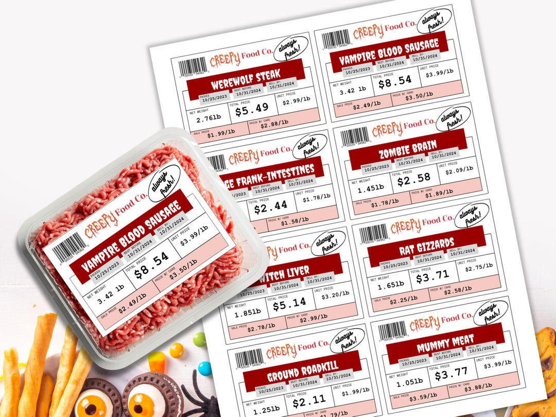 Halloween Fake Meat Party Food Tags, Supermarket Fake Food Labels ...