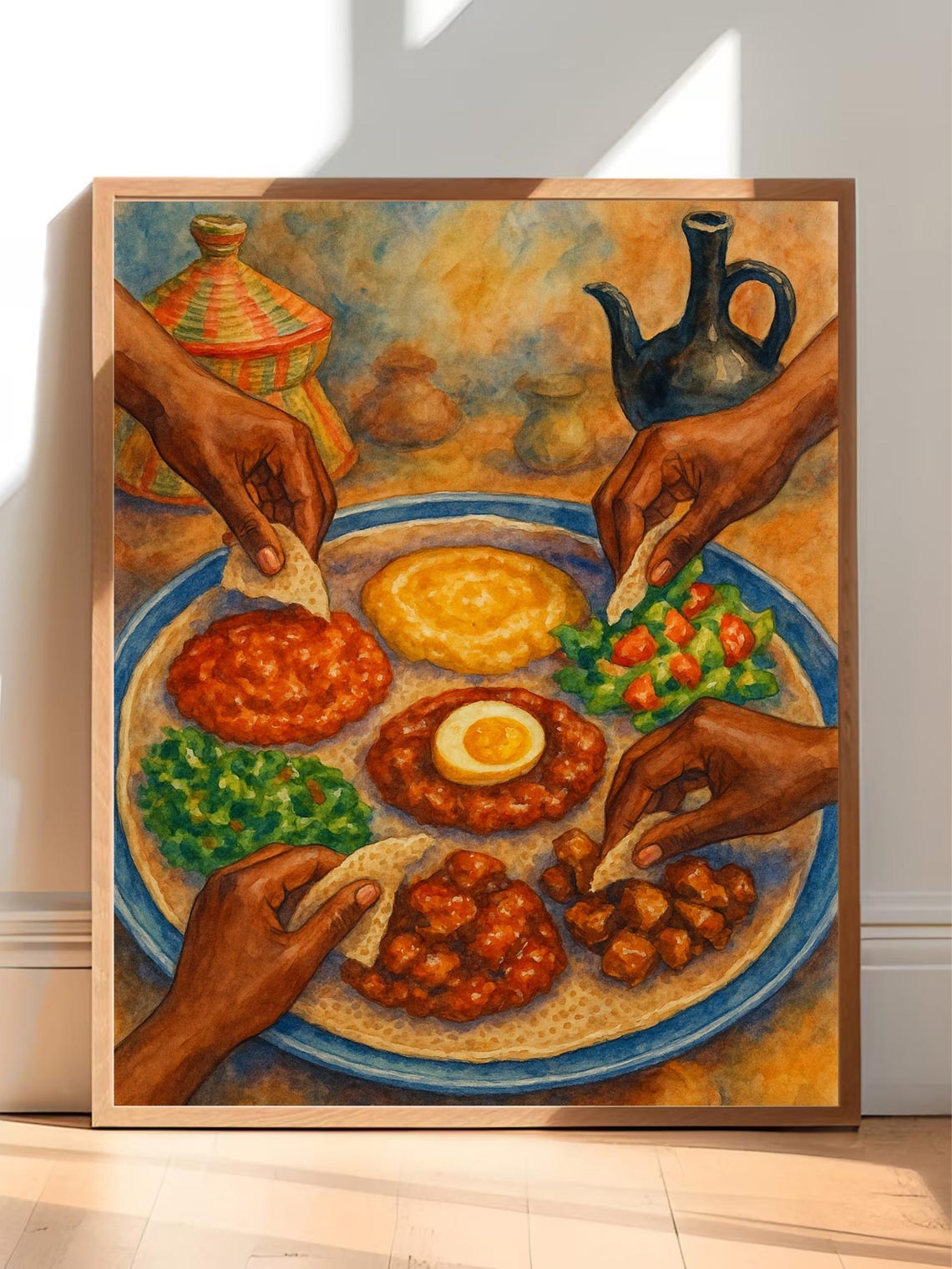 Injera Sharing Platter Watercolor Print, Ethiopian Eritrean Food Art ...