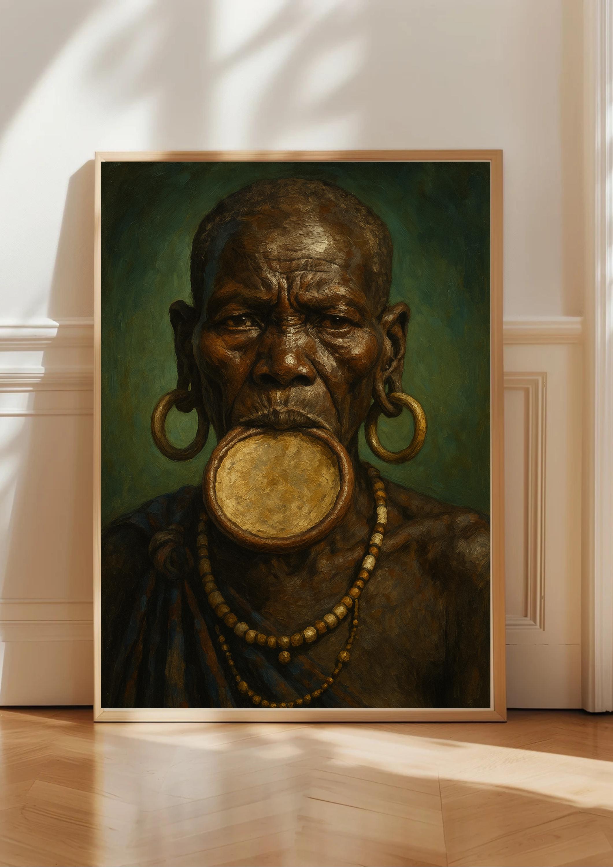 Realistic Mursi Woman Portrait Print – Ethiopian Tribal Art, Lip Plate Oil Painting Style ...