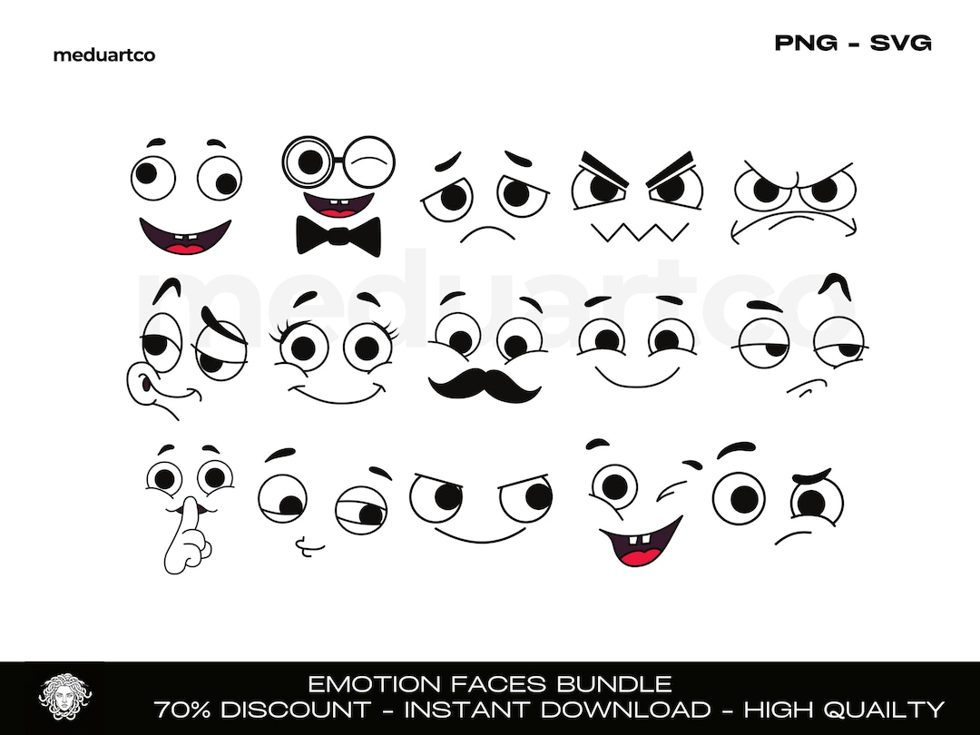 Emotion Faces Clipart: Cartoon Emoji SVG, PNG (digital Download) - Etsy