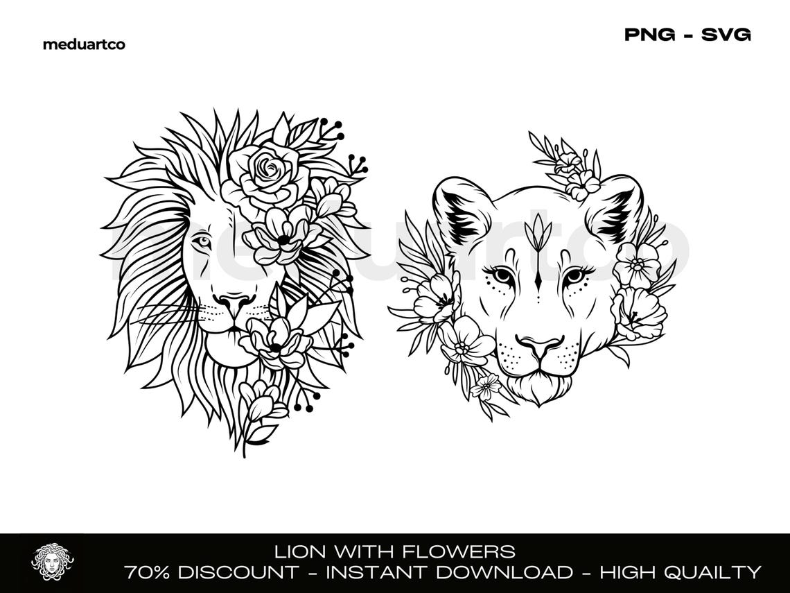 Lion With Flowers Svg, Lion Svg Cut Files, Lion Head Svg-png,floral ...