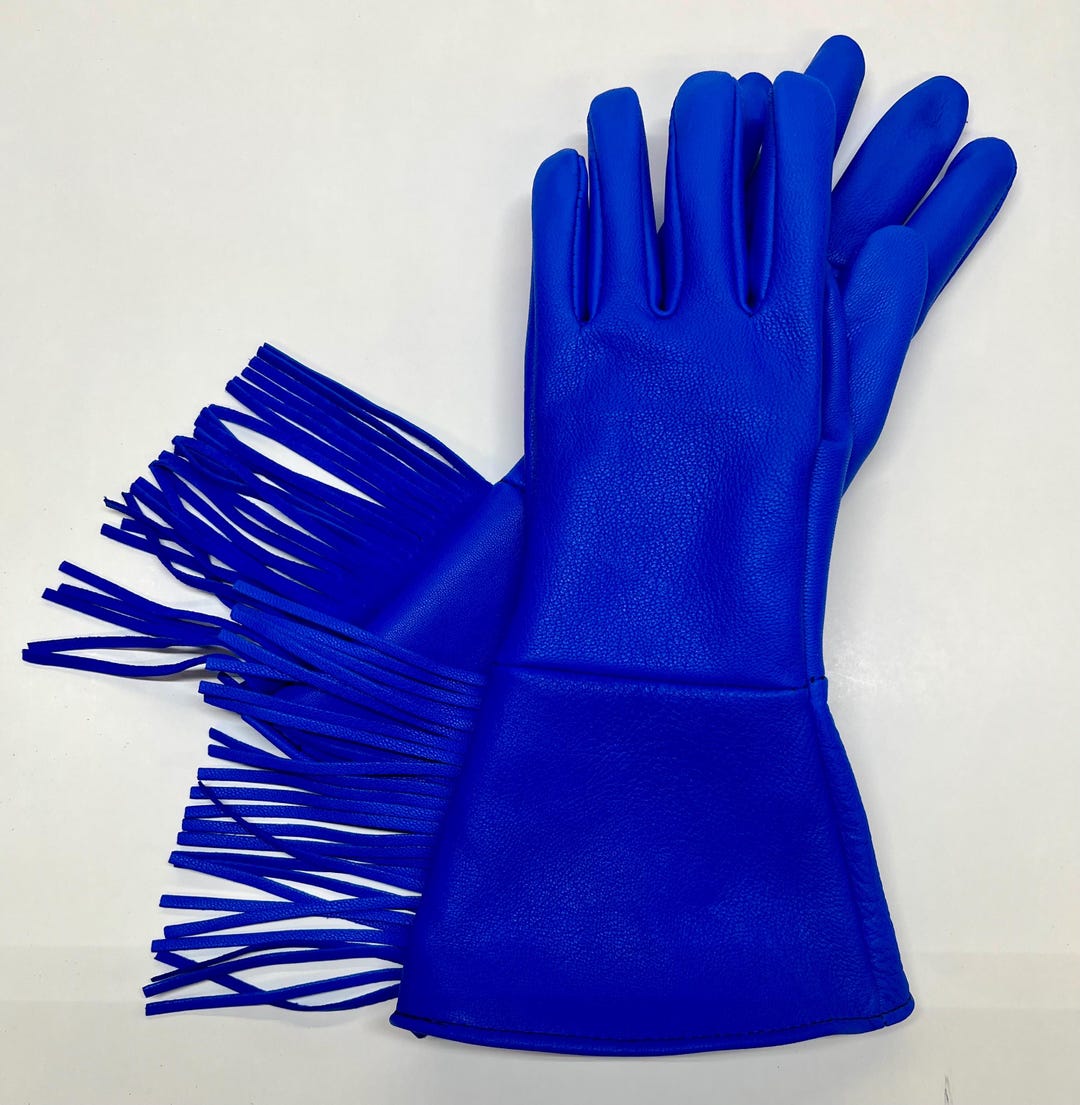 Royal Blue Goatskin Leather Gauntlet Gloves With Fringe - Made in the ...