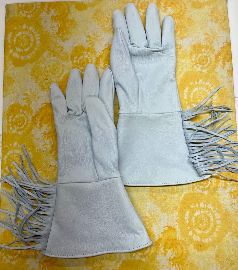 White Goatskin Leather Gauntlet Gloves With Fringe - Made in the USA ...