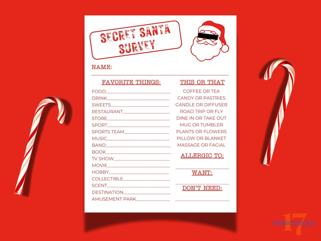 Secret Santa Questionnaire Printable Christmas Gift Exchange Survey ...