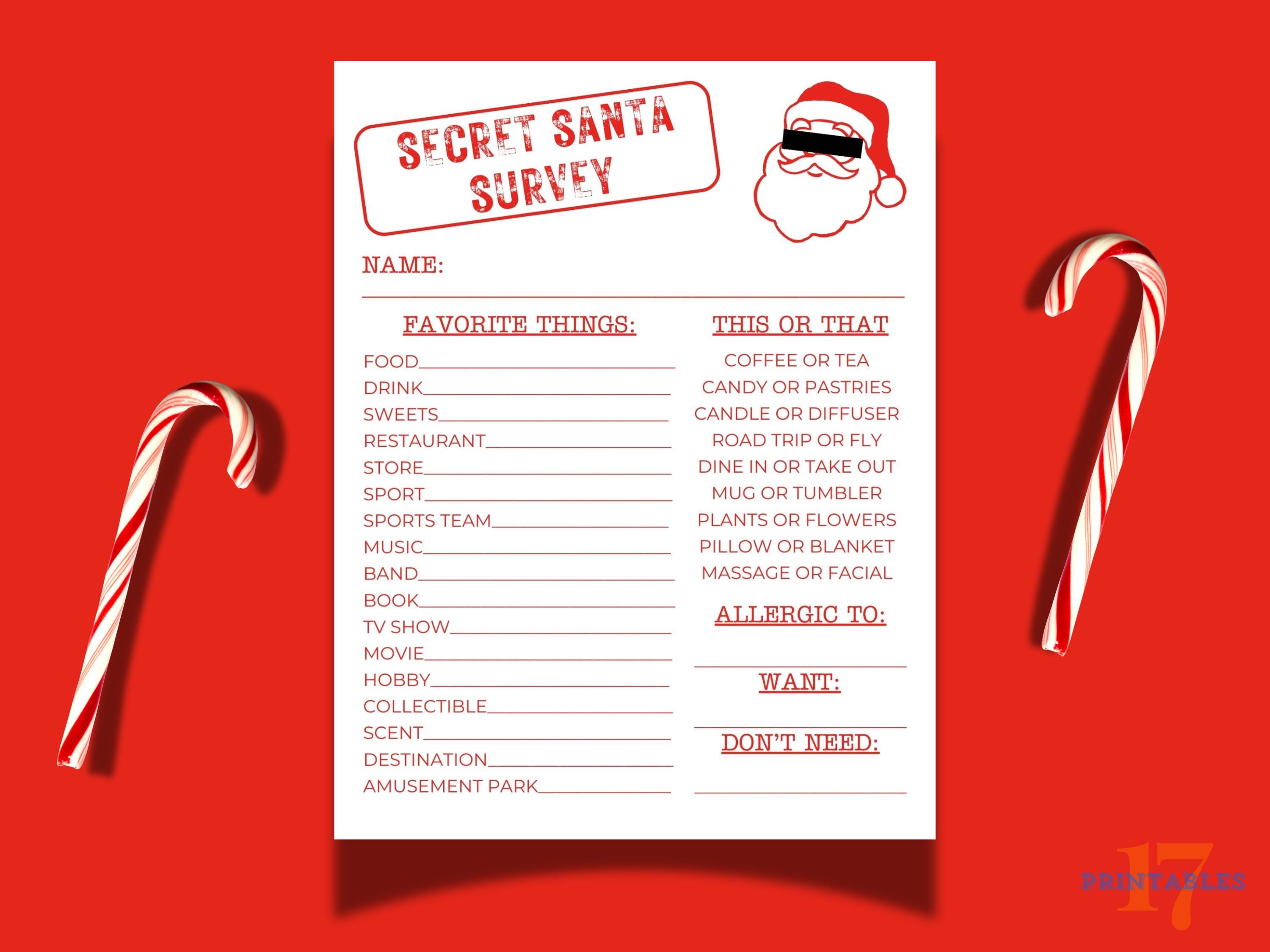 Secret Santa Questionnaire Printable Christmas Gift Exchange Survey ...